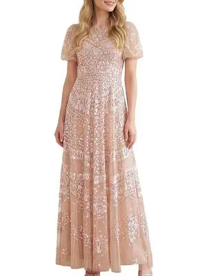 NEEDLE & THREAD Anais Sequin Short Sleeve Gown - Biscuit