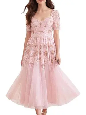 NEEDLE & THREAD Wisteria Sweetheart Short Sleeve Dress - Shell/pink