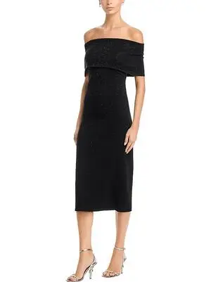 Rickie Freeman For Teri Jon Jet Bead Knit Off-the-shoulder Dress - Black