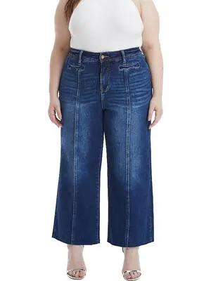 BAYEAS Plus High Rise Wide Leg Vertical Front Seam Raw Hem Denim Jeans In Dark Blue