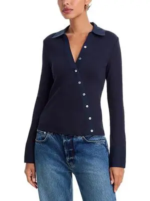 Veronica Beard Brenner Cotton Blend Asymmetric Button Tee - Navy
