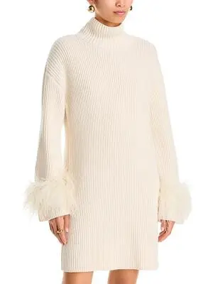Ramy Brook Kay Turtleneck Feather Trim Sweater Dress - Ivory