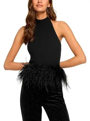 Ramy Brook Kelly Feather Trim Halter Top Black