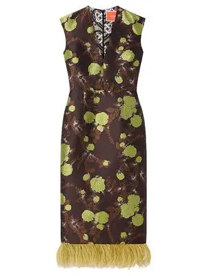 La DoubleJ Sleek Printed Feather Trim Dress - Devon