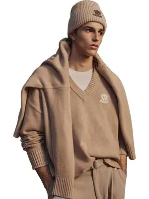 REISS Jeremy Monogram Wool Relaxed V-neck Jumper - Camel