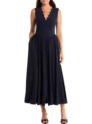 Avec Les Filles Scallop Stretch Crepe Maxi Dress - Navy