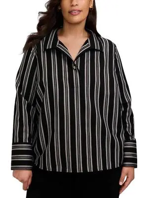 Foxcroft Catalina Stripe Cotton Blend Popover Top - Black/multi
