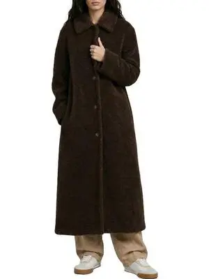 NOIZE Elise Faux Fur Longline Coat Coffee