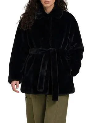NOIZE Sally Faux Fur Belted Jacket - Black