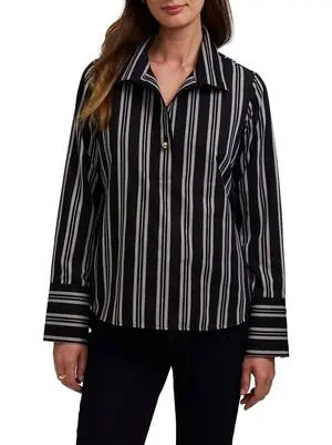 Foxcroft Catalina Stripe Cotton Blend Popover Top - Black/multi