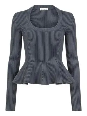 Alaïa RIBBED PEPLUM TOP Blue-gray