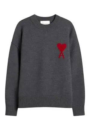 AMI Paris Crewneck Contrasted Adc Jumper - Heather Grey/red