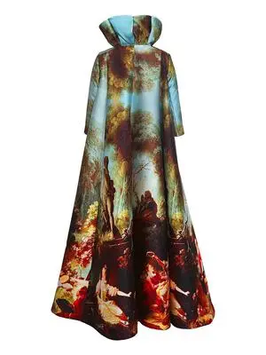 MAXJENNY Green Royal Print Long Coat – Sculptural Collar