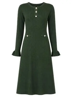 YUMI Viscose Knitted Midi Dress With Buttons - Green