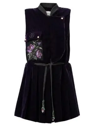 RONDOOZ Hand Painted Velvet Mini Dress With Hand Applied Embellishment - Purple