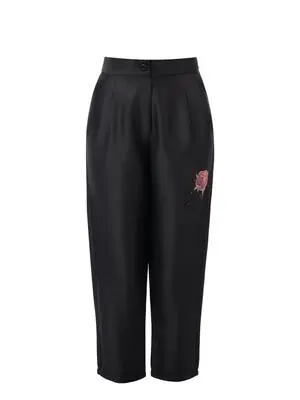 RONDOOZ Hand Painted Satin Straight-leg Trousers With Hand Applied Embellishment - Black