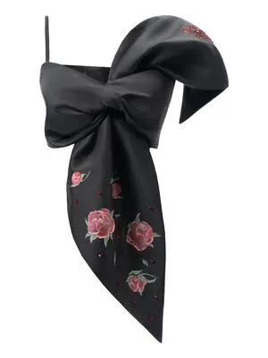 RONDOOZ Black Hand Painted Satin Asymmetric Crop Top With Hand Applied Embellishment