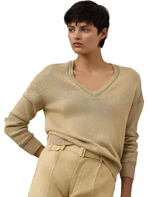 Ralph Lauren Silk Jersey V-neck Sweater Light Sand
