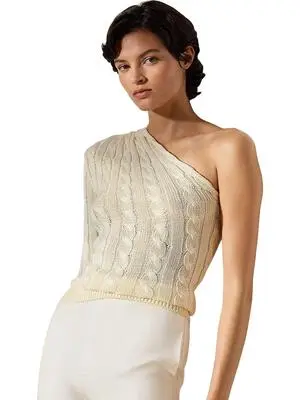 RALPH LAUREN Cable-knit Silk One-shoulder Sweater