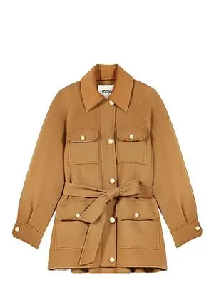 Maje Corduroy-collar Flap-pocket Wool-blend Coat - Camel