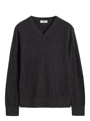 Cos Ribbed Fine Merino Wool V-neck Sweater - Brown