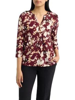 Anne Klein Floral Print Three-quarter Sleeve Henley - Barolo Multi
