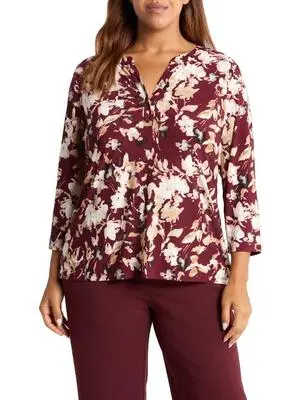 Anne Klein Woodblock Texture Three-quarter Sleeve Henley Top - Barolo Multi