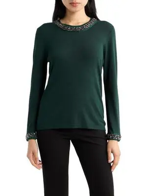 Anne Klein Rhinestone Embellished Sweater - Pine Forest