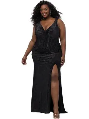 SYDNEY'S CLOSET Plus-size Fitted Velvet Burnout Formal Gown With Slit - Black