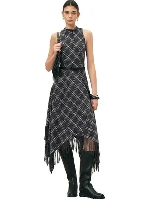 FABRIQUE Mona Plaid Asymmetric Fringed Belted Dress In Flannel