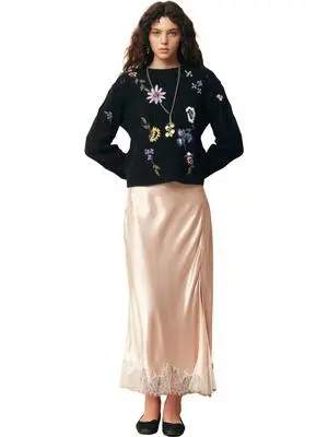 Fabrique Rosalie Handworked Floral Sweater In Wool Cotton Blend - Black