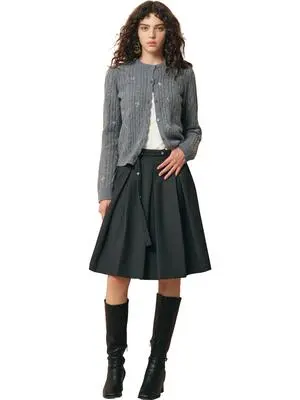 Fabrique Lavinia Floral Embroidery Cardigan In Wool Blend Cable Knit - Grey