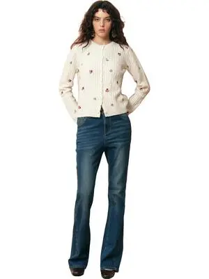 Fabrique Lavinia Floral Embroidery Cardigan In Wool Blend Cable Knit - White