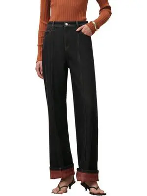 Fabrique Cadence Plaid Straight Leg Jeans With Fleece Lining In Flocked Denim - Blue