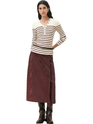 Fabrique Vivi Striped Henley Top In Wool Blend - Red