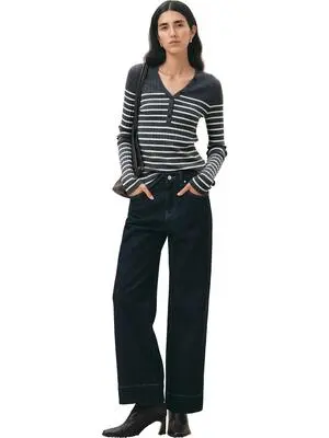 Fabrique Vivi Gray Striped Henley Top In Wool Blend - Grey
