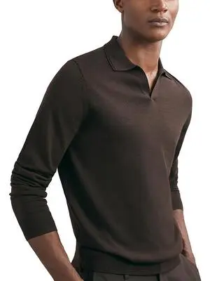 REISS Milburn Merino Wool Long Sleeve Polo Shirt - Chocolate