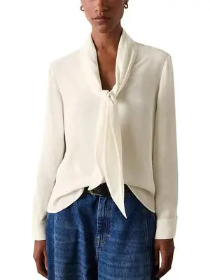 Whistles Tie Neck Crepe Blouse - Ivory