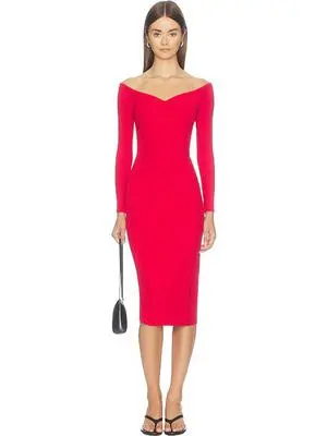 FLEUR DU MAL Off Shoulder Hourglass Rib Midi Dress In Red - Rouge