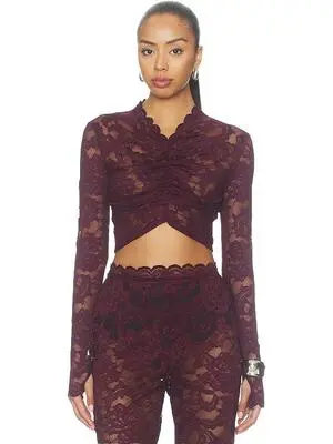 NOOKIE Delphine Lace Long Sleeve Crop Top In Burgundy - Wine