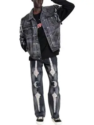 THUG CLUB Tc Angels Fringe-trim Denim Jacket - Grey