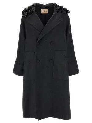 Plan C Cappotto Doppiopetto In Lana Melange Con Collo In Paillettes - Black