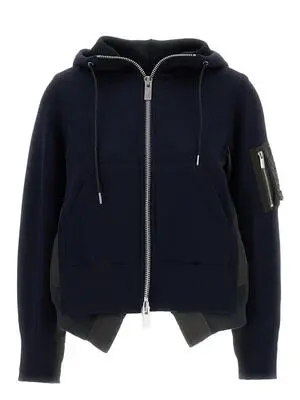 Sacai Felpa In Sponge Sweat E Nylon Twill Con Cappuccio - Blu