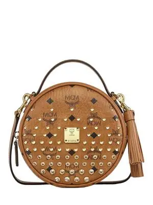 Mcm Pina Tambourine Crossbody In Gold Crystal Visetos - Cognac