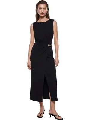 Koton Sleeveless Crew Neck Draped Midi Dress With Accessory Detail - Black