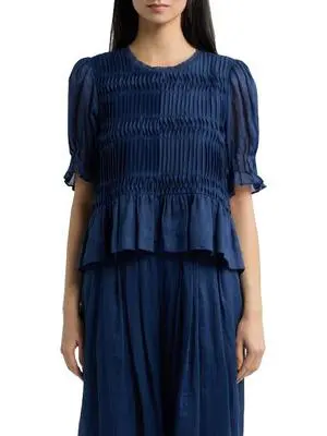 A.REN Brigette Smocked Peplum Top - Navy