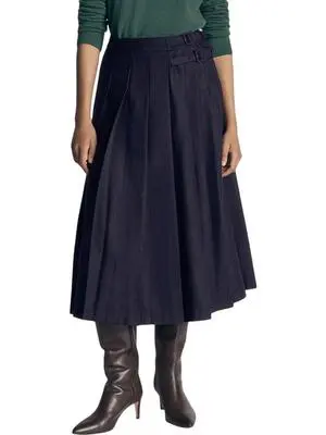 Boden Herringbone Pleated Wool Blend Midi Skirt - Navy Herringbone