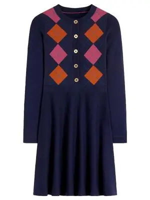 Boden Argyle Long Sleeve Jacquard Dress - Navy Argyle