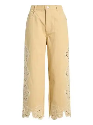 A.REN Jules Eyelet Embroidered Mid Rise Crop Straight Leg Pants - Camel