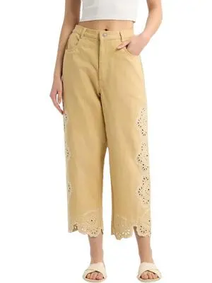 A.REN Jules Eyelet Embroidered Mid Rise Crop Straight Leg Pants - Camel